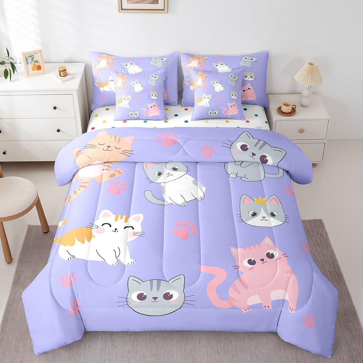 YST Girls Cat Bedding Set Queen Size 7 Piece Cute Cats Bed In A Bag ...