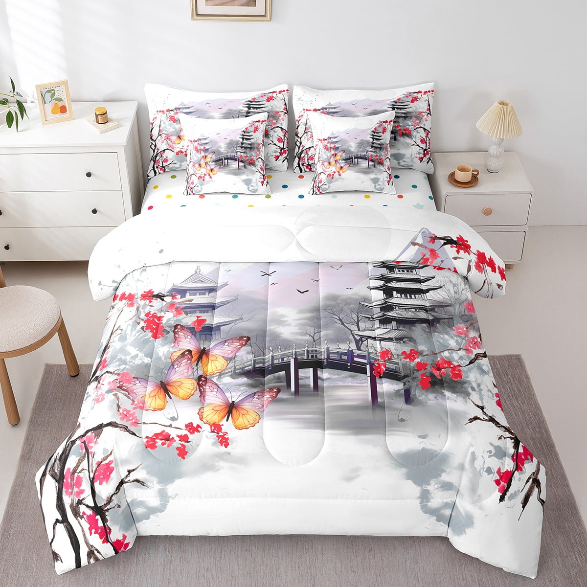 Erosebridal Cherry Blossoms Bedding Set Pink Butterfly Full Comforter ...