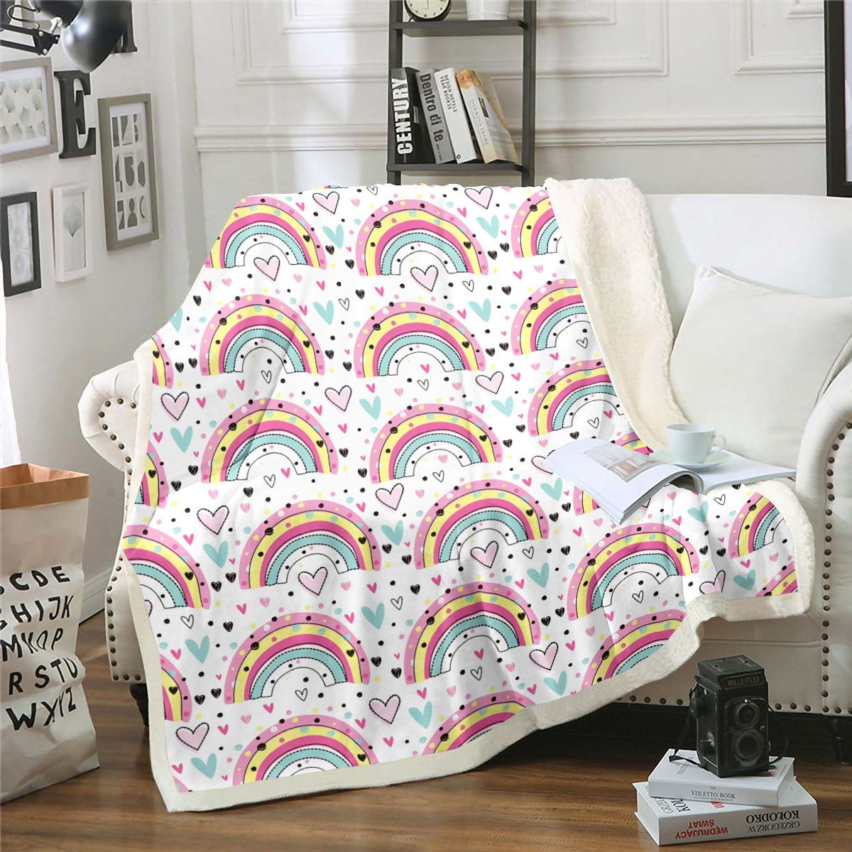 Cute Rainbow Fleece Blanket Cartoon Rainbow Love Heart Pattern Fuzzy ...