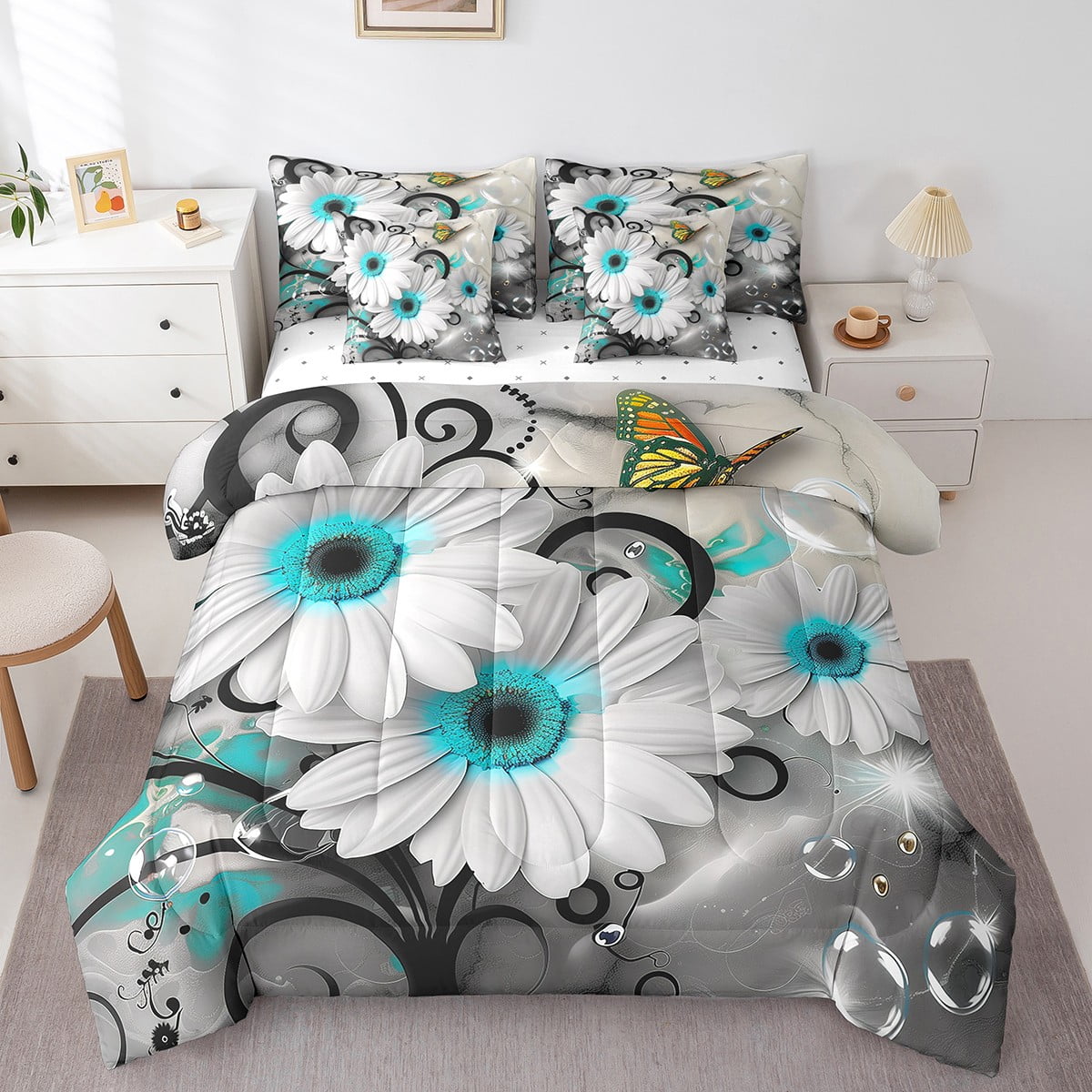 Erosebridal Daisy Twin Size Comforter Set 7-Piece Chic Floral Bedding ...