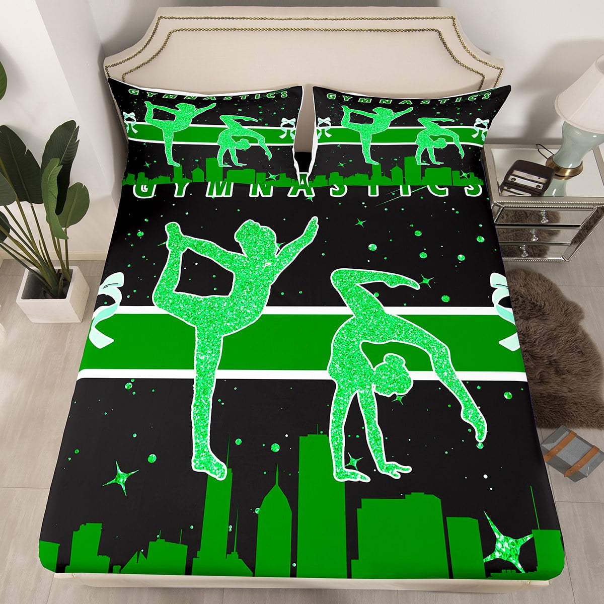 Dance Bed Sheets Black Green Fitted Sheet Twin Size, Gymnast Gymnastics ...