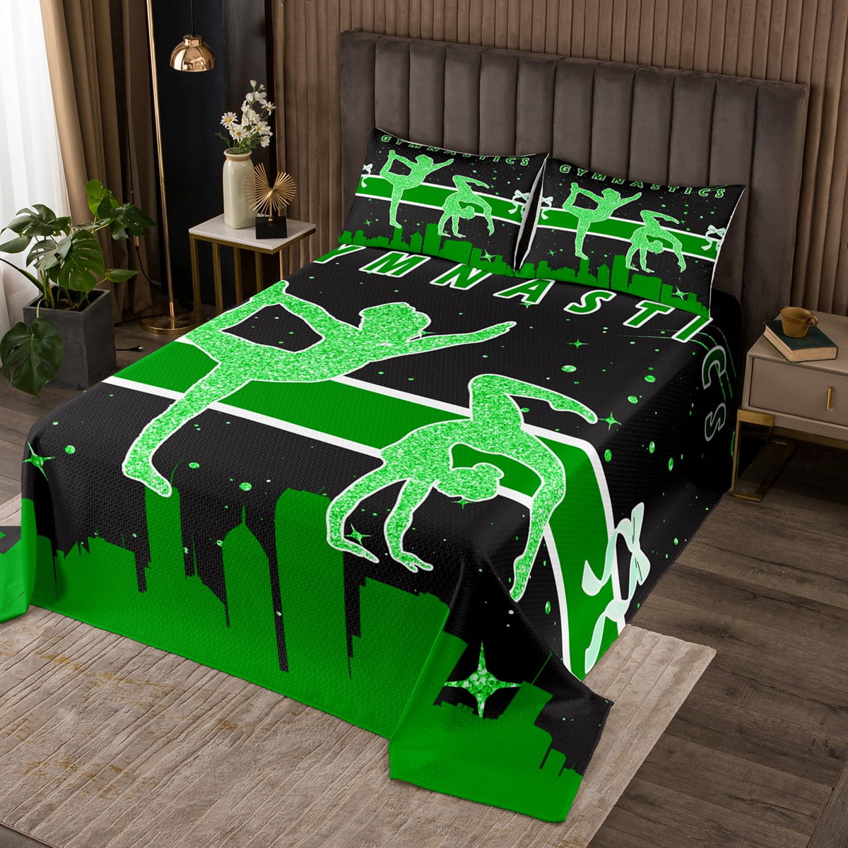 Erosebridal Dance Queen Quilt Set Black Green Coverlet Set, Gymnast ...