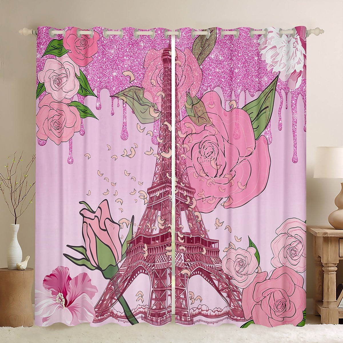 YST Girls Eiffel Tower Blackout Curtains for Living Room, Romantic Rose Floral Curtains & Drapes ...