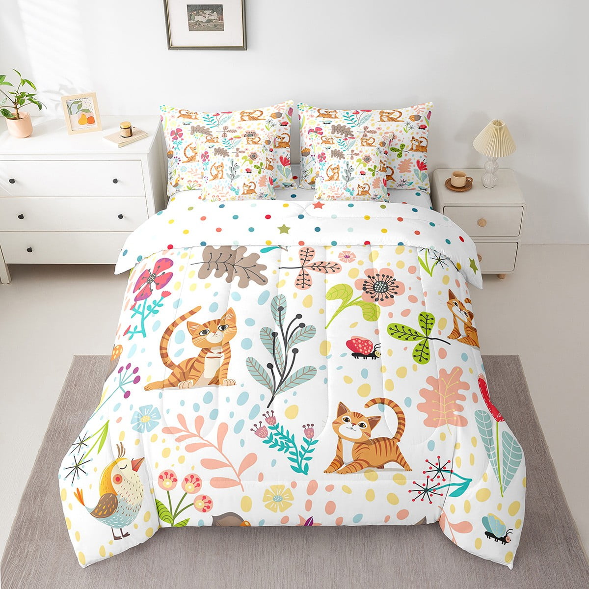 Floral Cat Comforter Set With Sheets Twin Size Kawaii Cats Bedding Set ...
