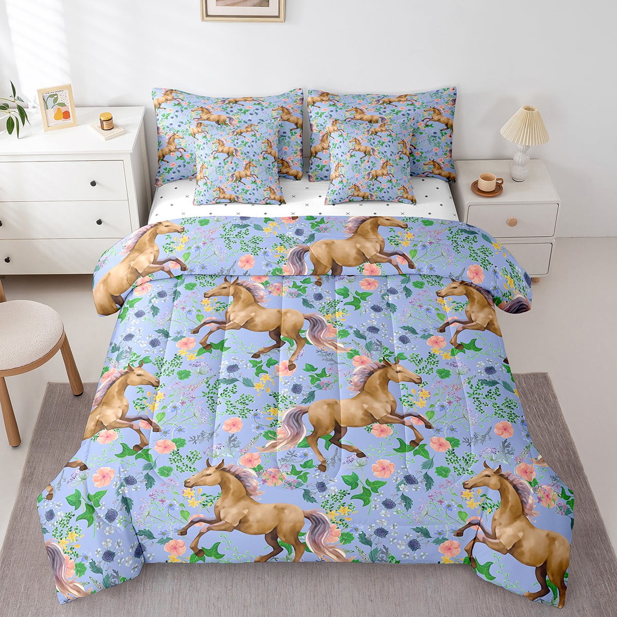 YST Girls Floral Horse Comforter Set Full 7 Piece Pink Wild Flower Bed ...