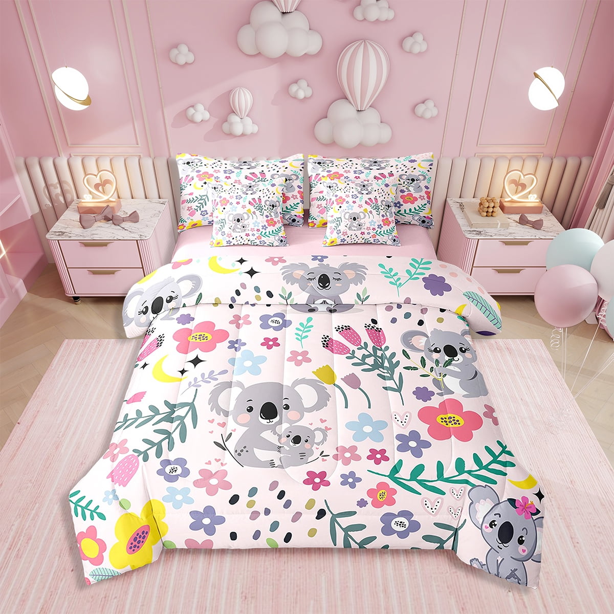 Floral Koala Comforter Set Twin Size 7 Piece Bed in A Bag Kawaii Koala ...