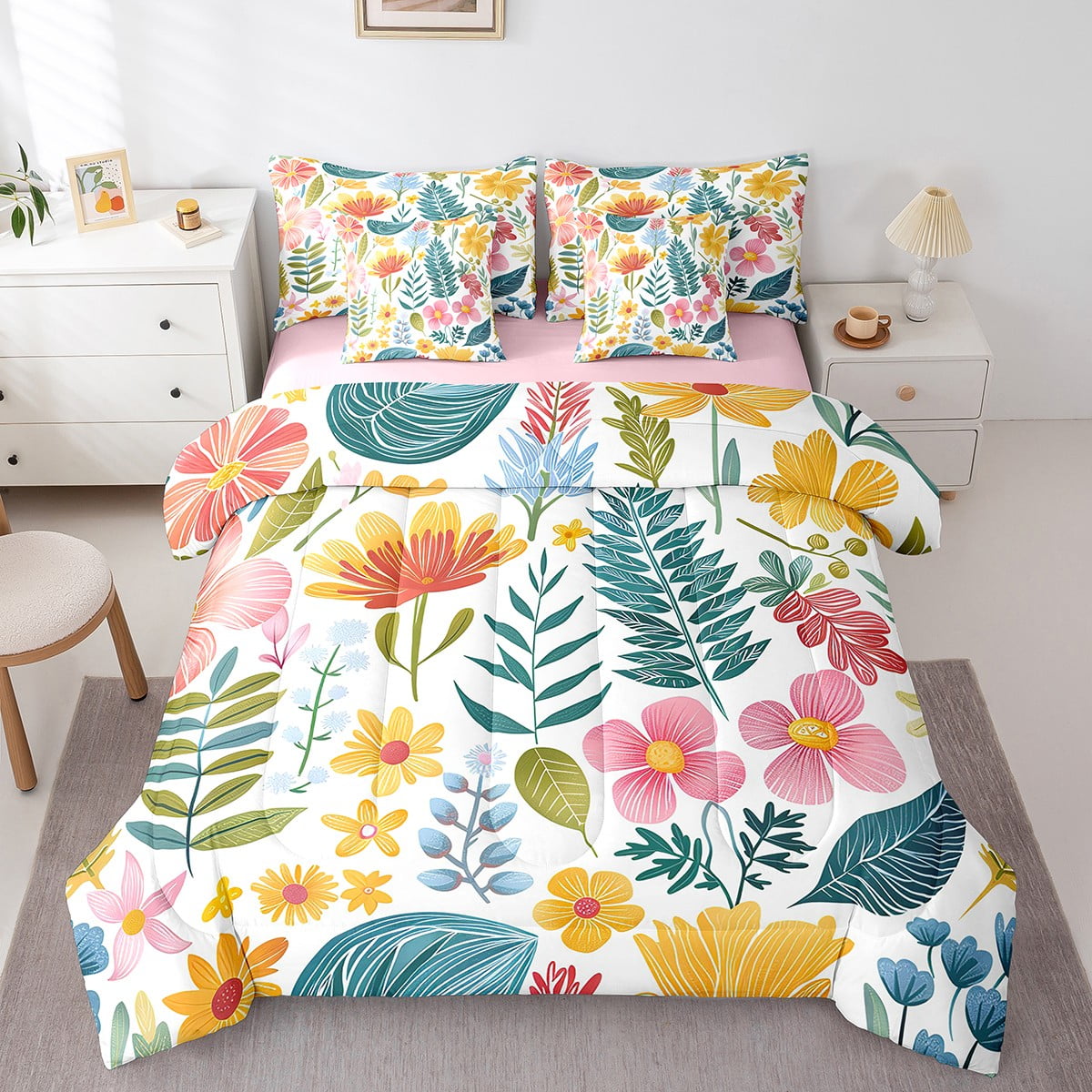 Flower 7 Piece Comforter Set Queen Size,Spring Floral Bed In A Bag ...