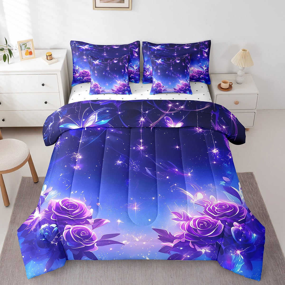 Erosebridal Flower Comforter Set King Size 7 Piece Bed in A Bag Romantic Rose Bedding Set Teens ...