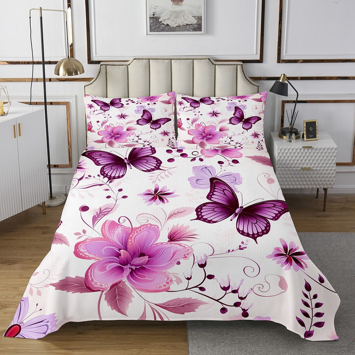 Flower King Coverlet Set Purple Pink Butterfly Bedding Set, Chic Floral ...
