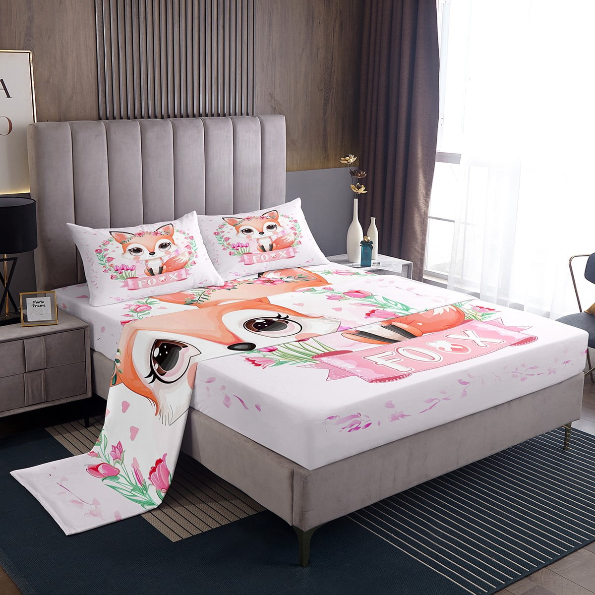 YST Girls Fox Bedding King Size Cartoon Fox Print Bed Sheets Set ...