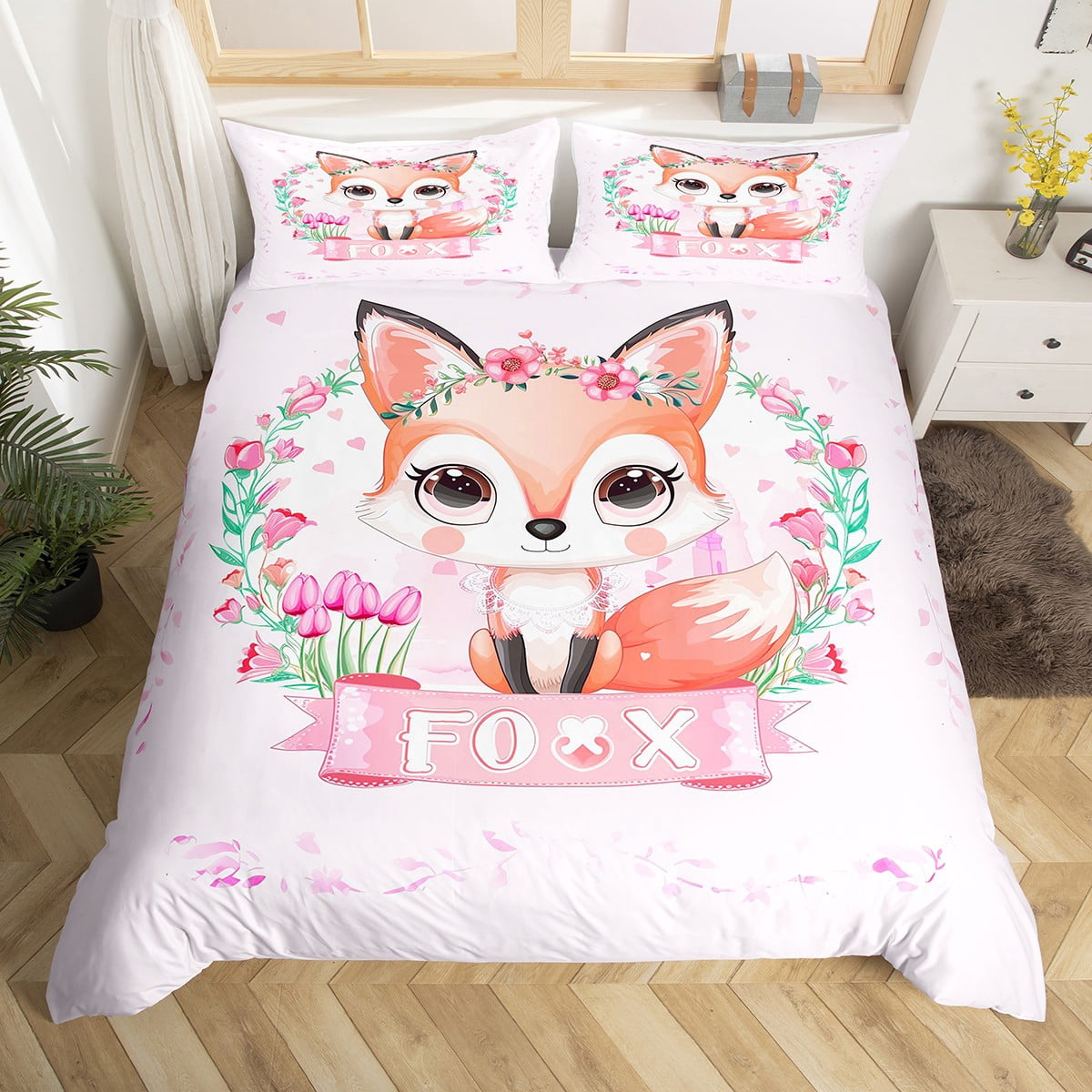 YST Girls Fox Comforter Cover Cartoon Fox Print Bed Set, Woodland ...