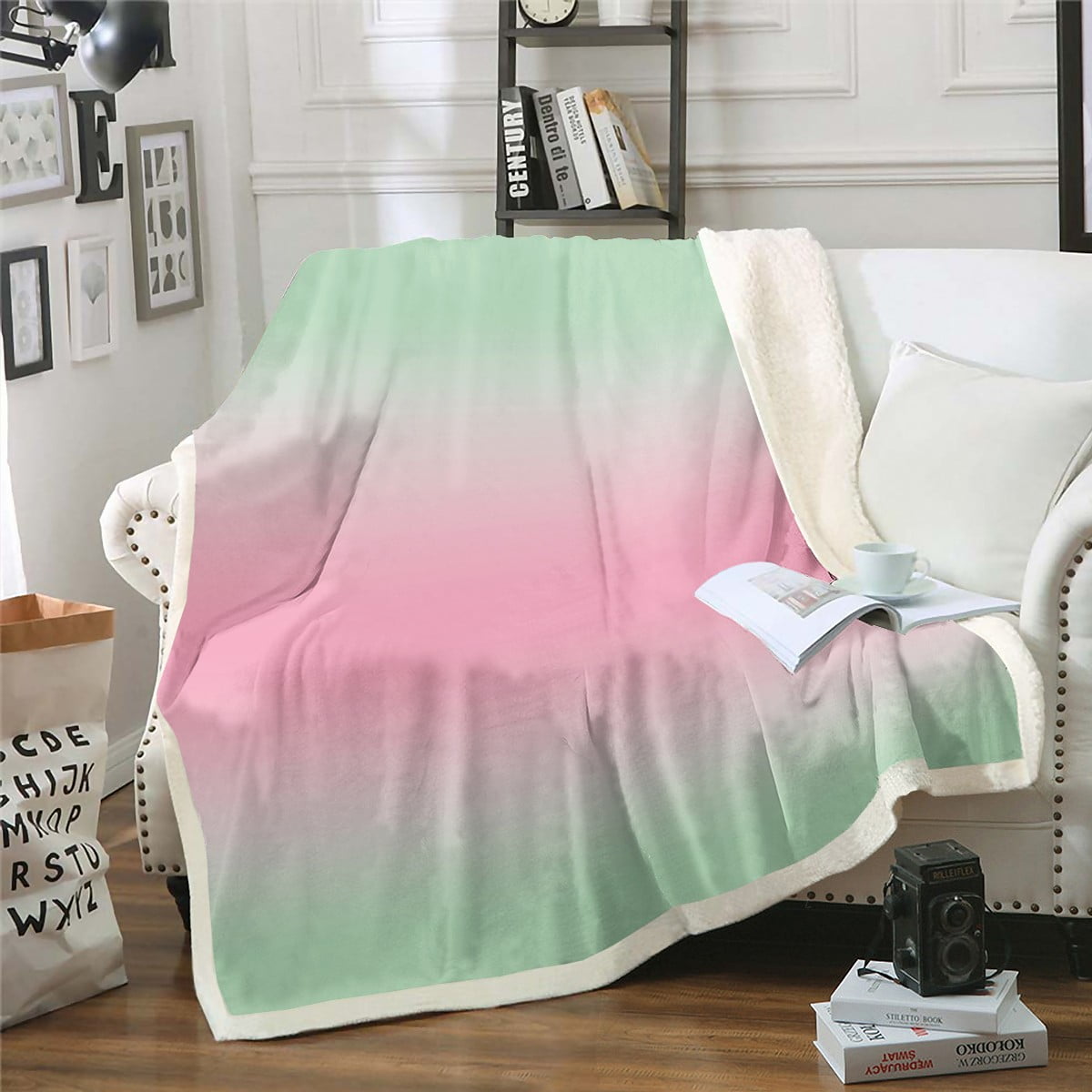 YST Girls Fuzzy Blanket Sage Green and Pink Gradient Fleece Blanket ...