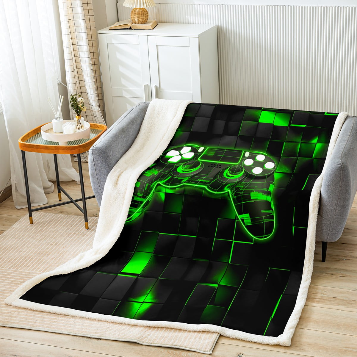 Game Throw Blanket Gaming Fleece Blanket,Green Gamer Sherpa Blanket ...