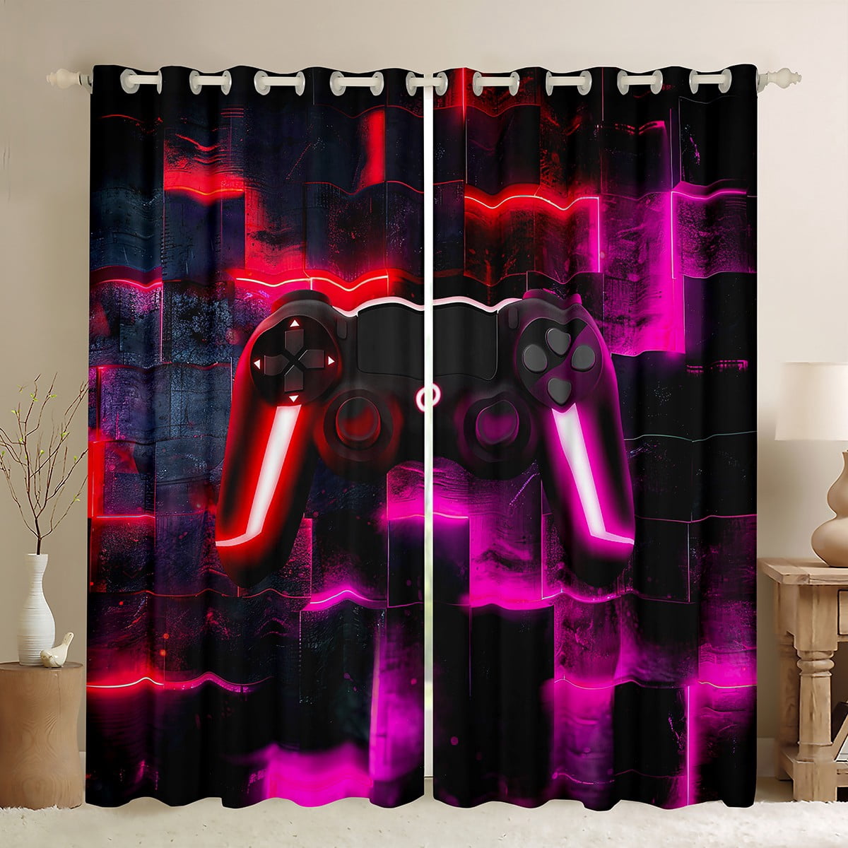 Gamer Curtains Modern Neon Grid Curtains & Drapes,Black Pink Red 30%-50 ...