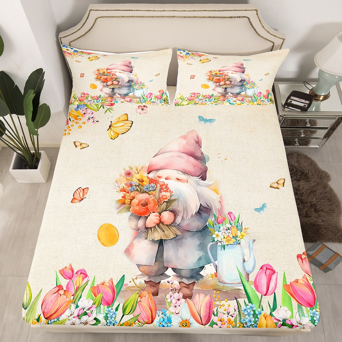 YST Girls Gnomes Fitted Sheet for Kids Boys Girls,Romantic Tulip Leaves ...