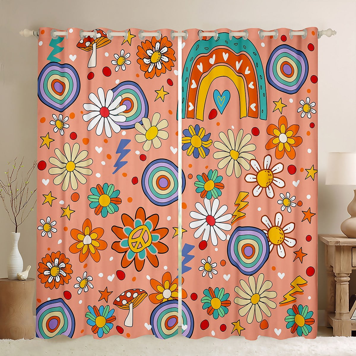 YST Girls Groovy Flowers Curtains & Drapes, 70S Retro Floral Curtains 80S 90S Hippie Flower ...