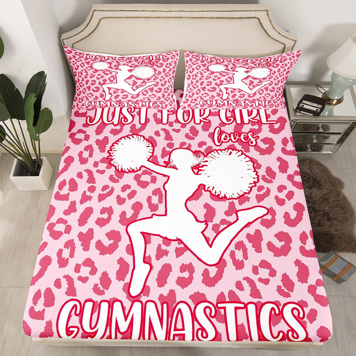 Gymnastics Fitted Sheet Queen Size,Pink Leopard Print Cute Bedding Set ...