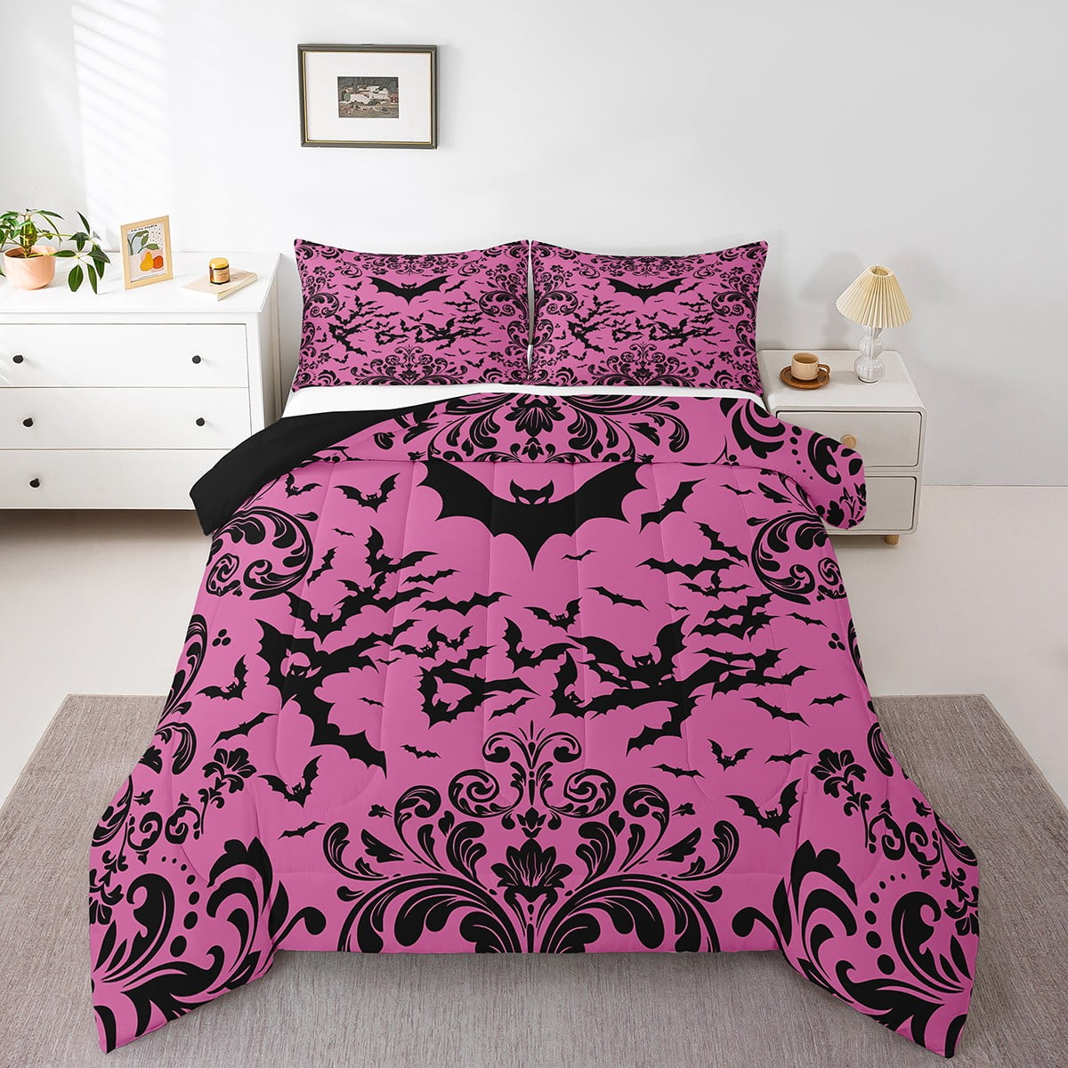 Halloween Bats Comforter Set King Hot Pink And Black Gothic Bedding Set ...