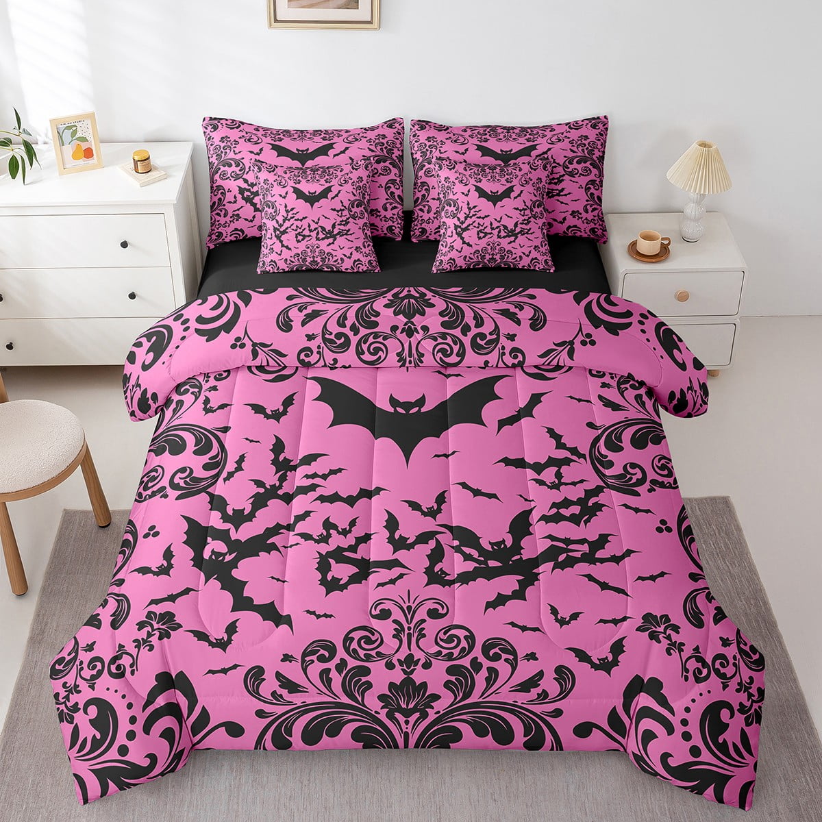 Halloween Bats Comforter Set With Sheets King Hot Pink And Black Gothic ...