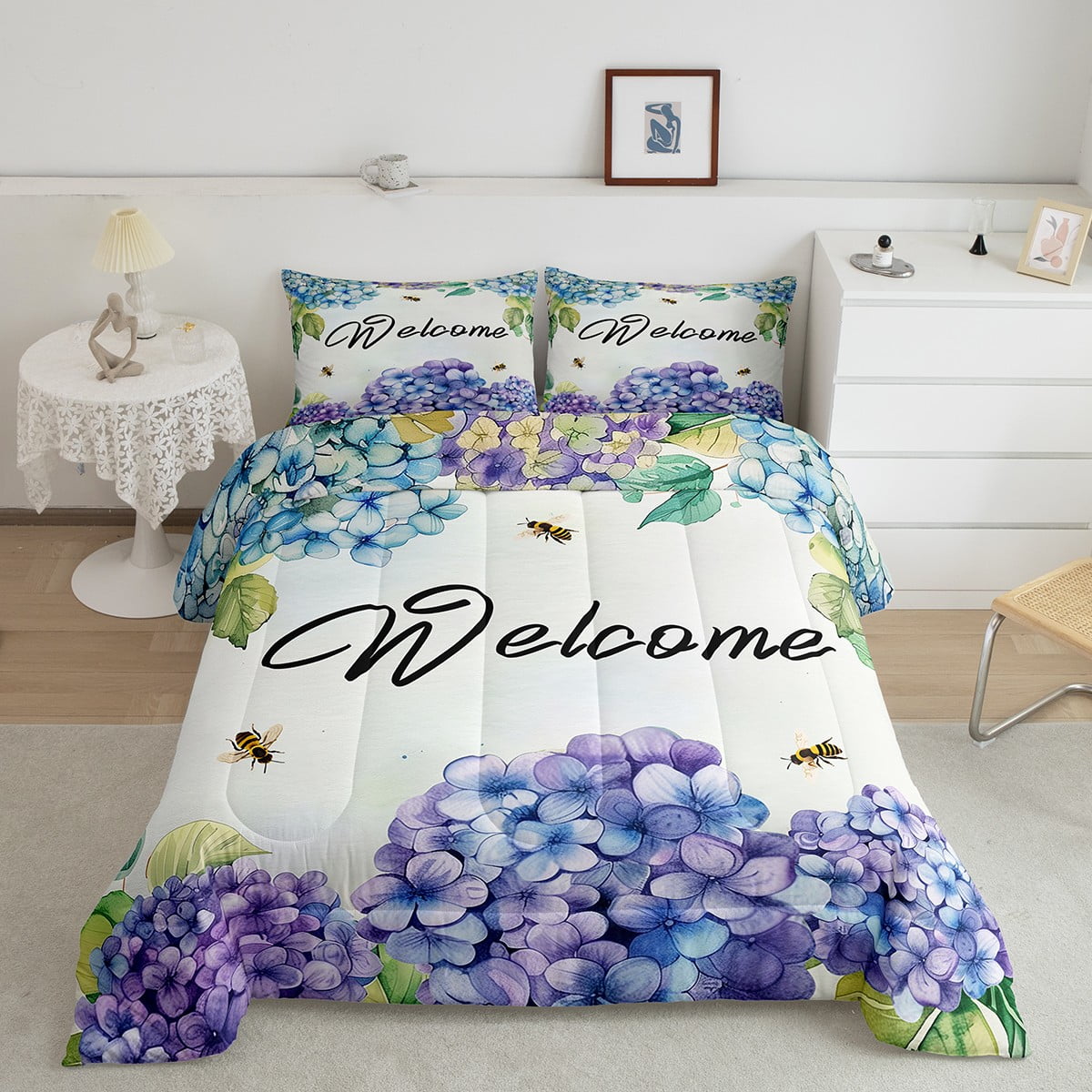 YST Girls Hydrangea Comforter Set Twin Purple Teal Blue Flowers Bedding ...