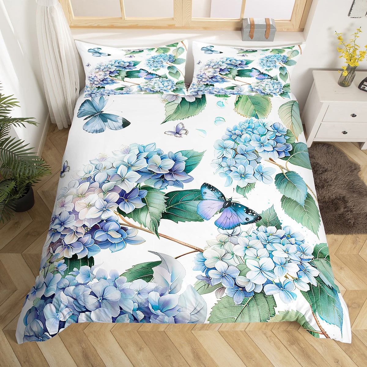 Erosebridal Hydrangea Floral Bed Set Blue Purple Butterfly Bedding Sets ...