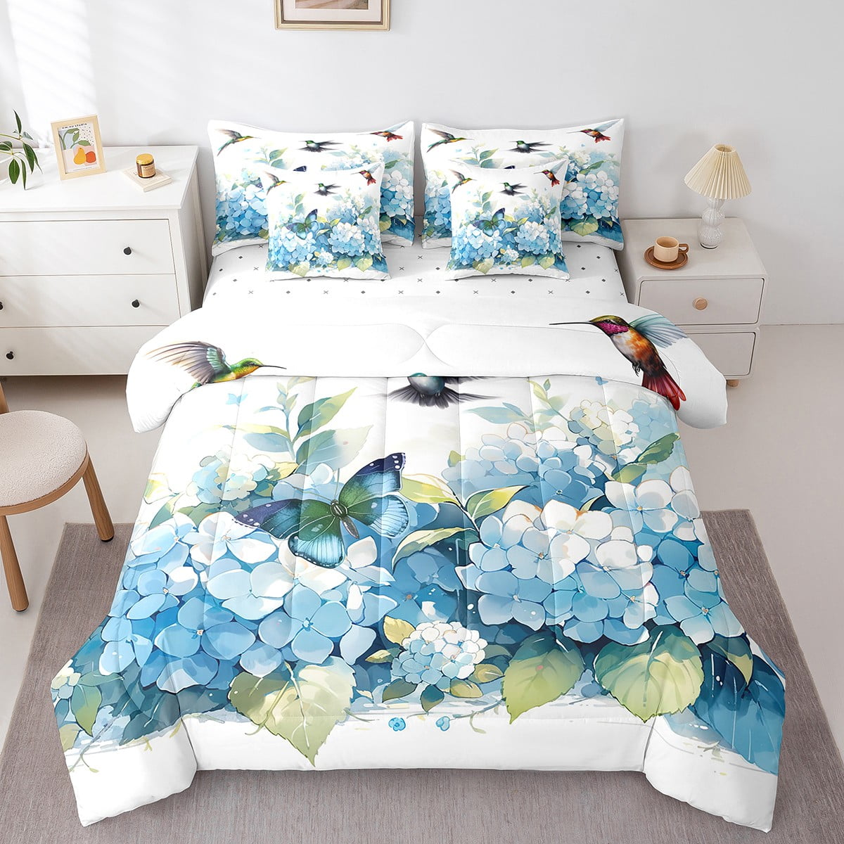 Hydrangea Flower Bedding Comforter Sets 7Pcs Hummingbird Butterfly Bed ...