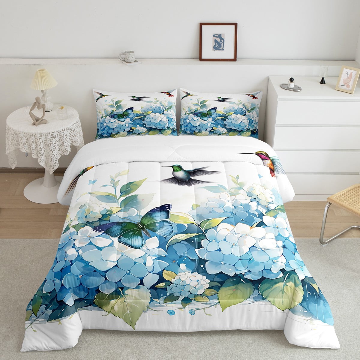 YST Girls Hydrangea Flower Bedding Sets Queen Hummingbird Butterfly ...