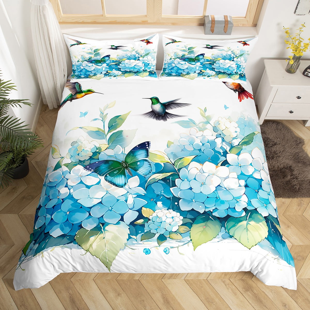 YST Girls Hydrangea Flower Duvet Cover King Hummingbird Butterfly Bed ...