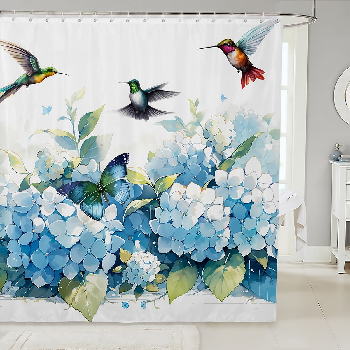 Hydrangea Flower Shower Curtain 72x72 Hummingbird Butterfly Bath ...