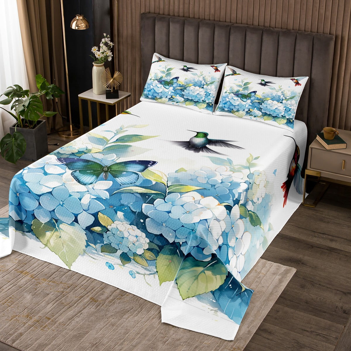 YST Girls Hydrangea Flower Twin Quilt Set Hummingbird Butterfly ...