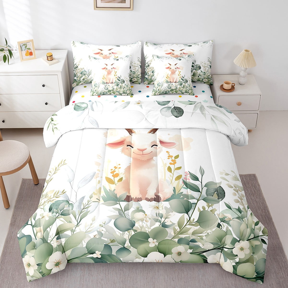 Erosebridal Kawaii Animal Twin Comforter Set 7 Pieces Cute Goat Sheep ...