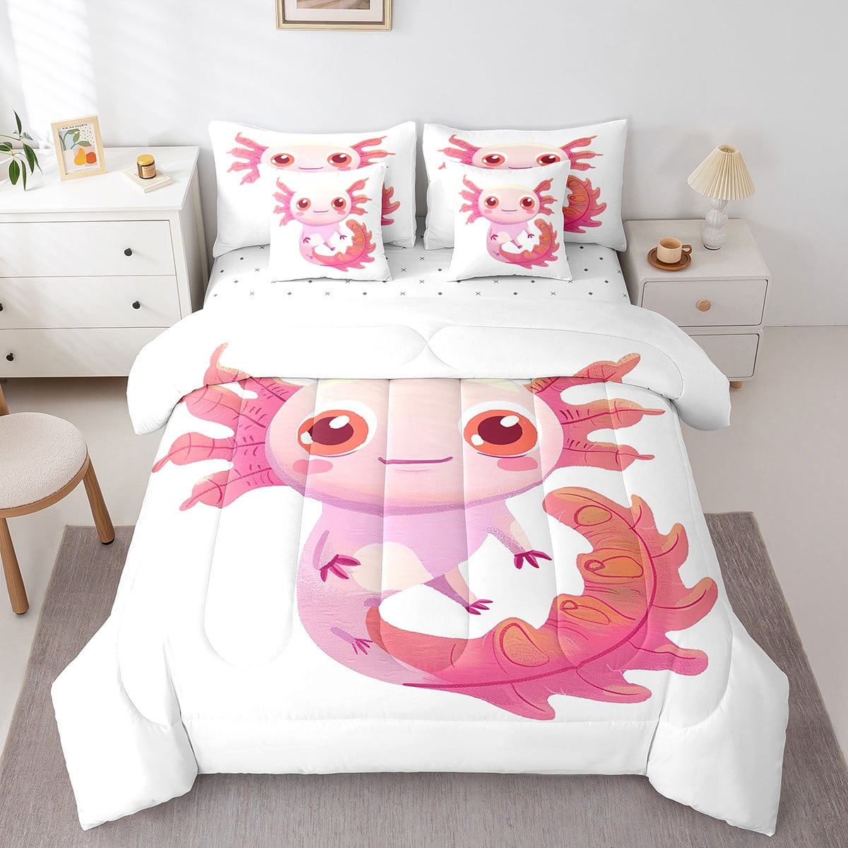 Erosebridal Kawaii Axolotl King Comforter Set 7 Piece,Cute Axolotl Bed ...