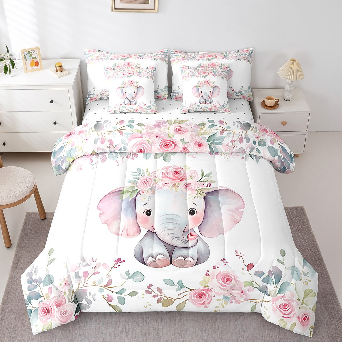 YST Girls Kawaii Elephant Bedding Set,Cute Rose Elephant Kids Bed In A ...