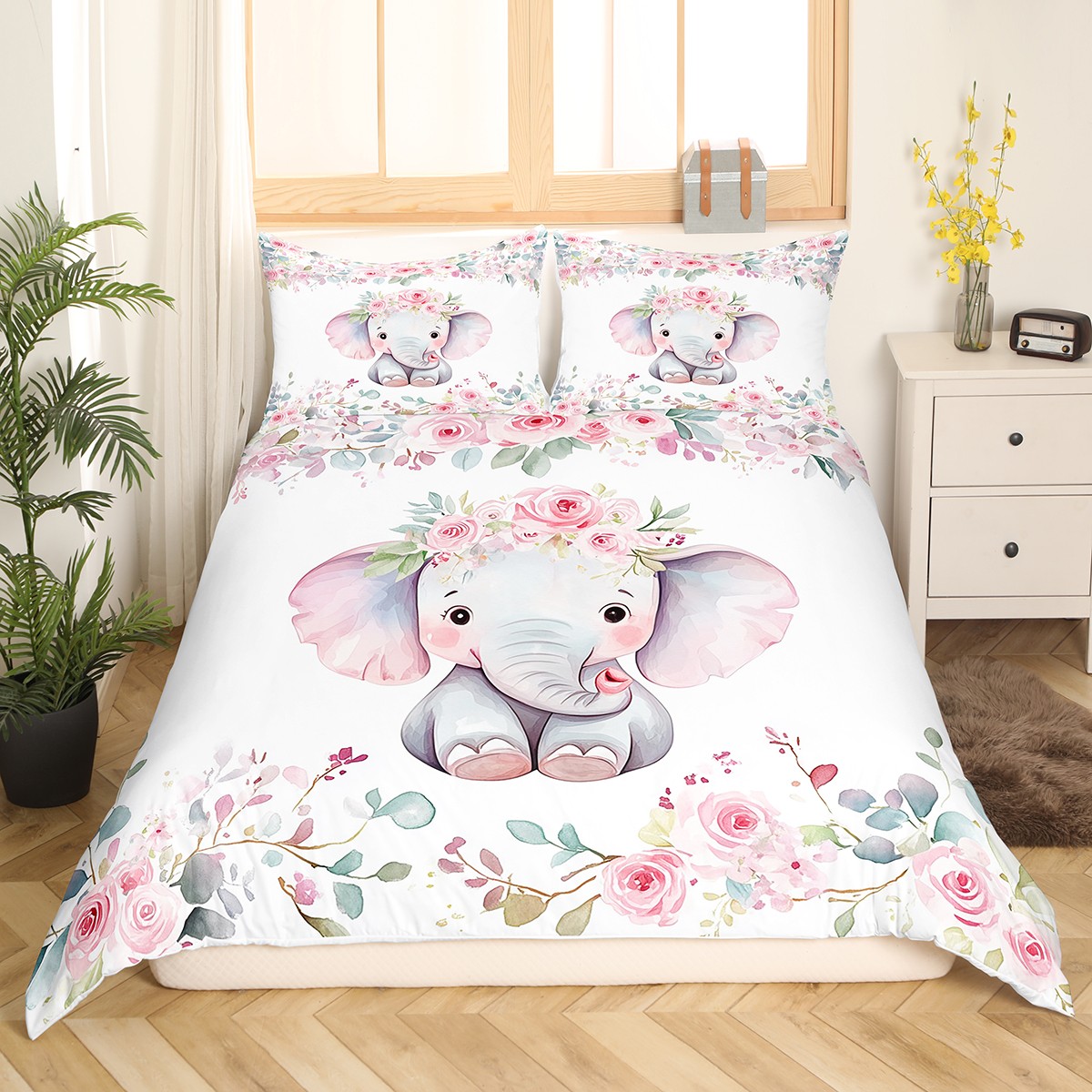 YST Girls Kawaii Elephant Bedding Set Twin,Cute Rose Elephant Kids ...