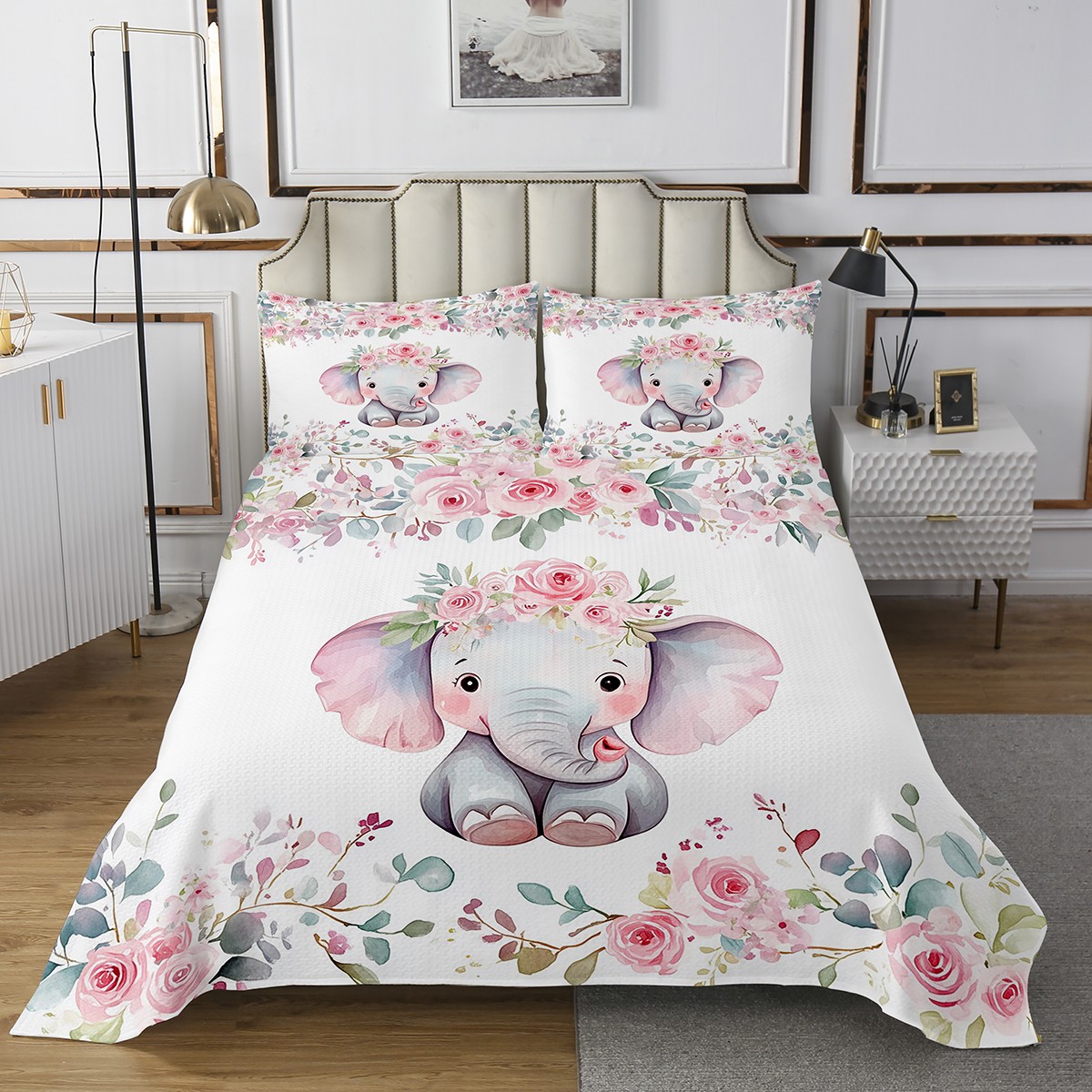 YST Girls Kawaii Elephant Coverlet Set Queen,Cute Rose Elephant Kids ...