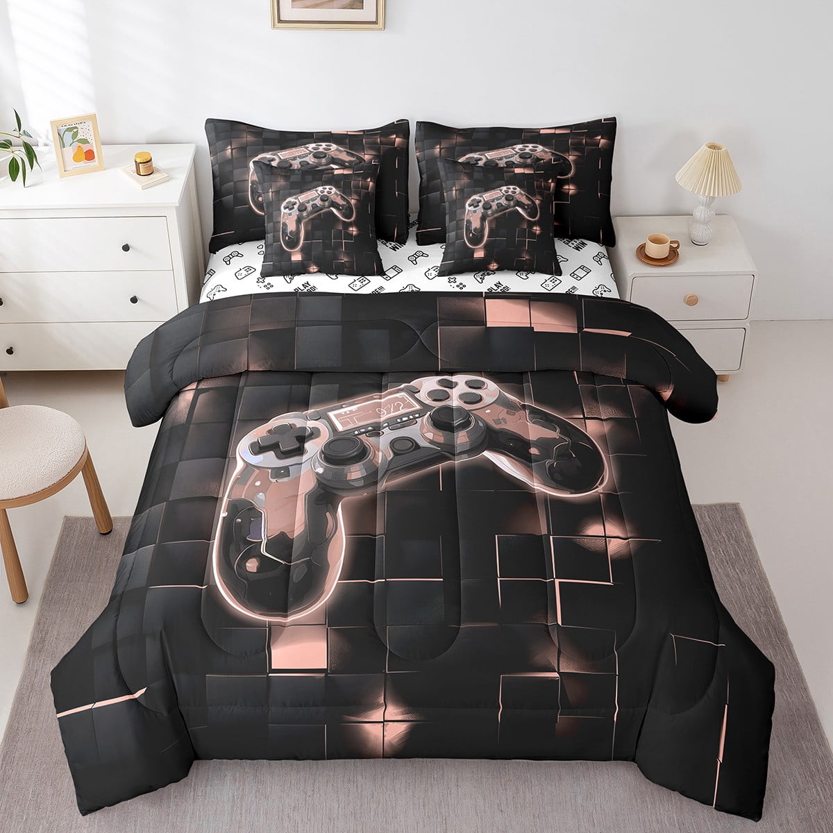 YST Girls Kids Gamer Queen Bedding Set 7 Piece,Black and Pink Gaming ...