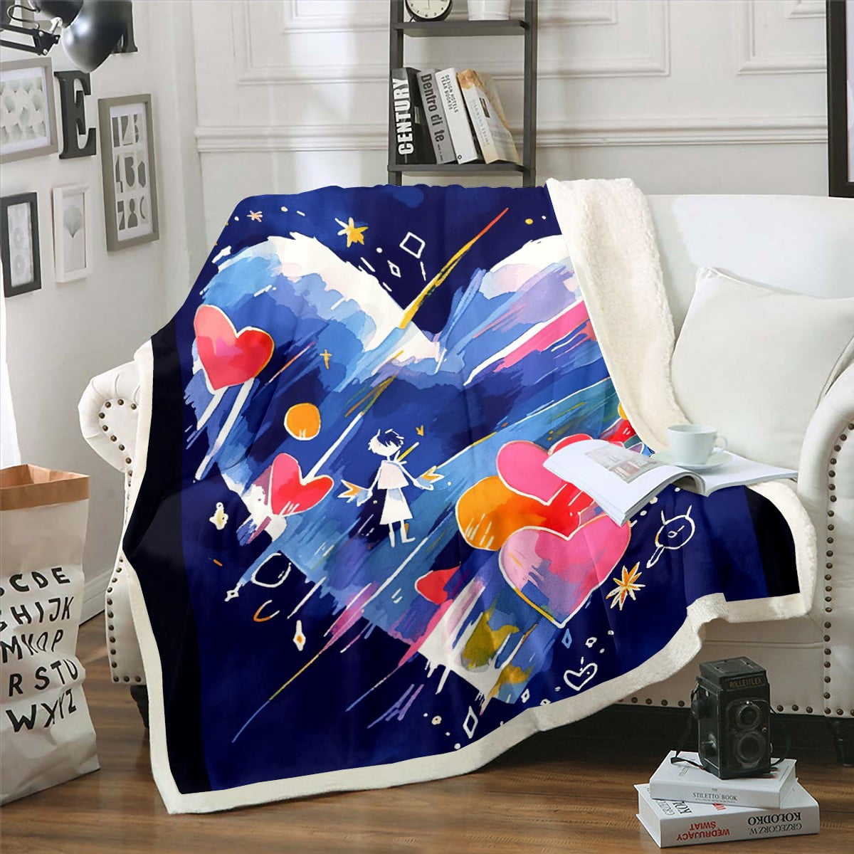 Love Fuzzy Blanket Cute Heart Pattern Throw Blanket, Blue Gradient Pink ...