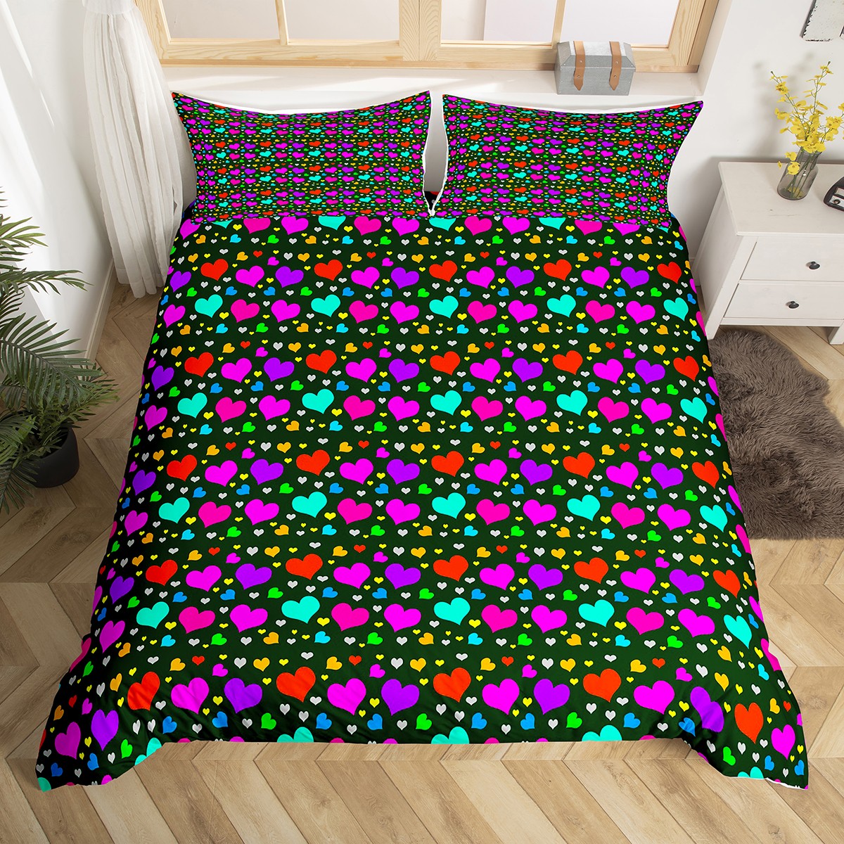 Love Heart Bedding Sets Queen Rainbow Heart Print Comforter Cover ...