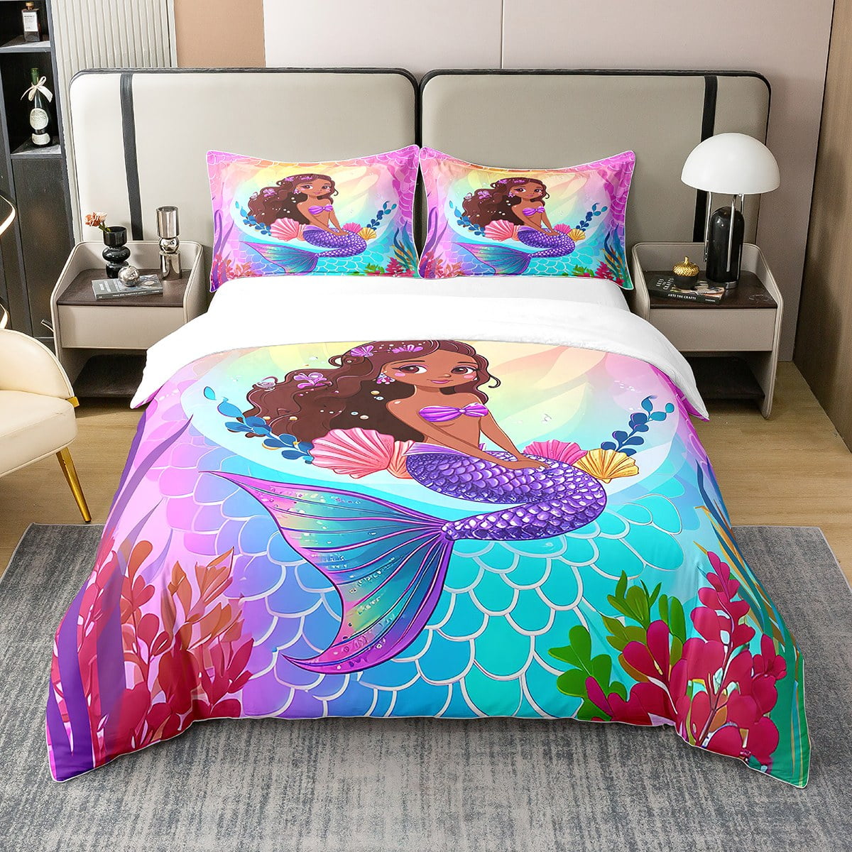 YST Girls Mermaid 100% Cotton Duvet Cover Queen,Girly Cartoon Mermaid ...