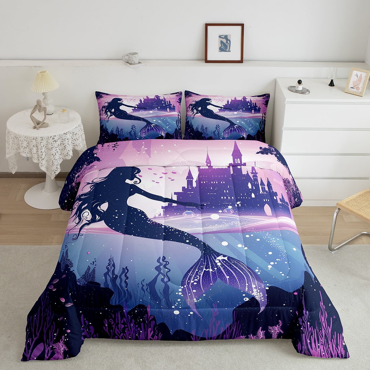 Mermaid Bedding Set Full Size Princess Castle Bed Comforter Set Purple ...