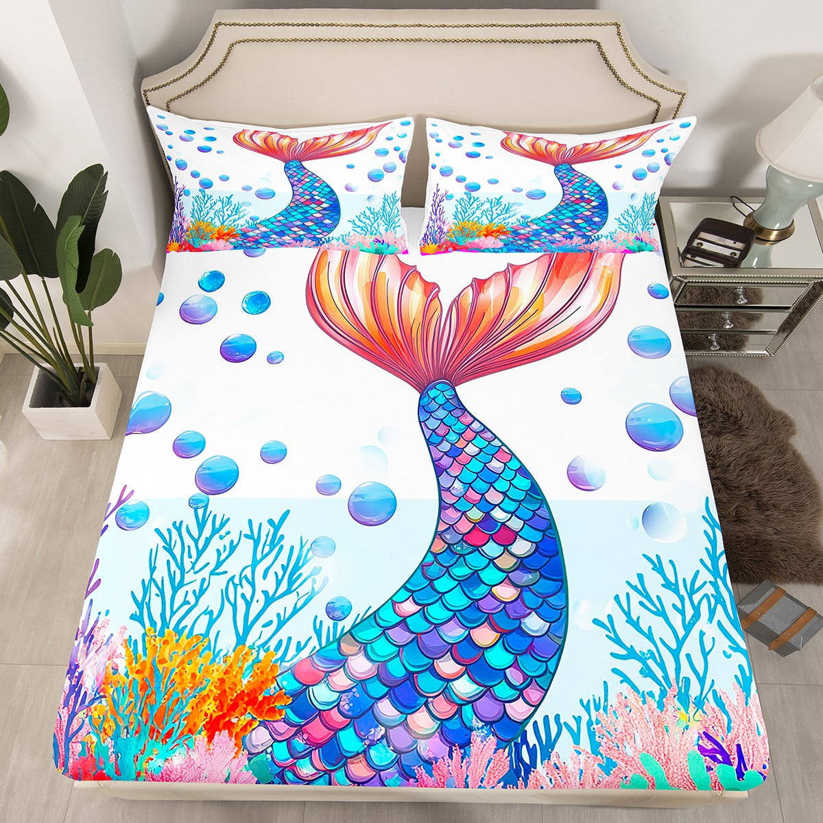 YST Girls Mermaid Full Bed Sheets, Mermaid Tail Glitter Bedding Set ...