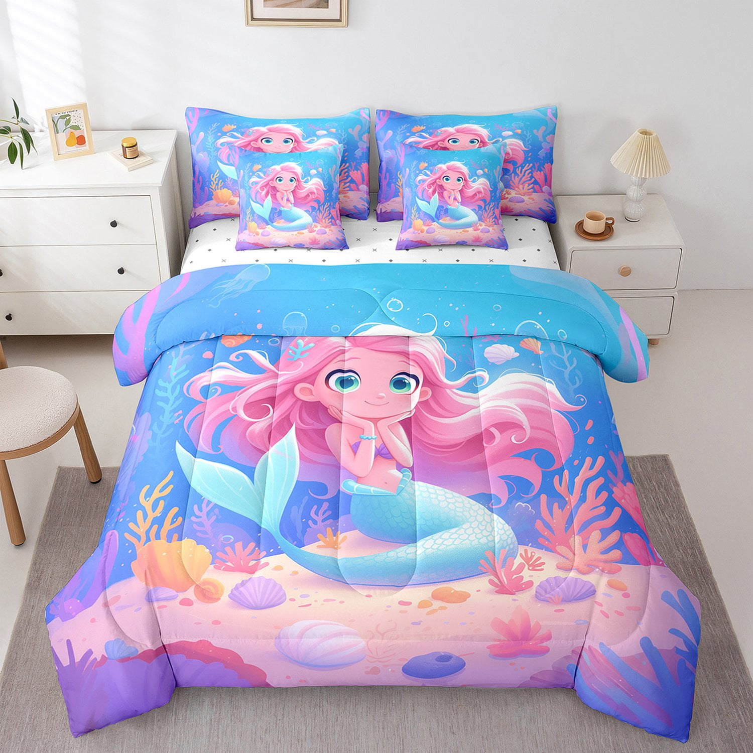 Mermaid Scales Bed in a Bag 7pcs Twin, Cute Cartoon Mermaid Bedding ...