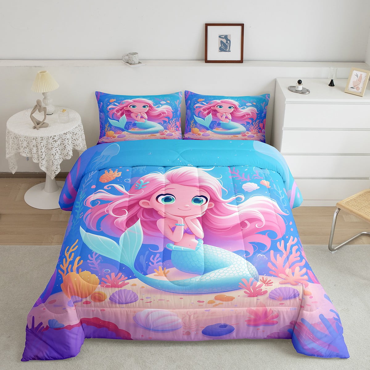 Mermaid Scales Comforter Set Twin, Cute Cartoon Mermaid Bedding Ocean ...