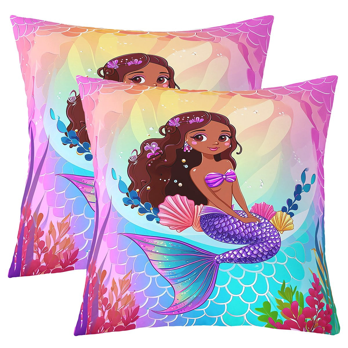 Mermaid Throw Pillow Covers 20x20 set of 2,Girly Cartoon Mermaid Pillow ...