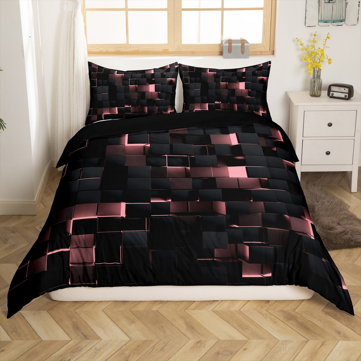 YST Girls Pink And Black Bedding Set Twin,Neon Abstract Geometric Teen ...
