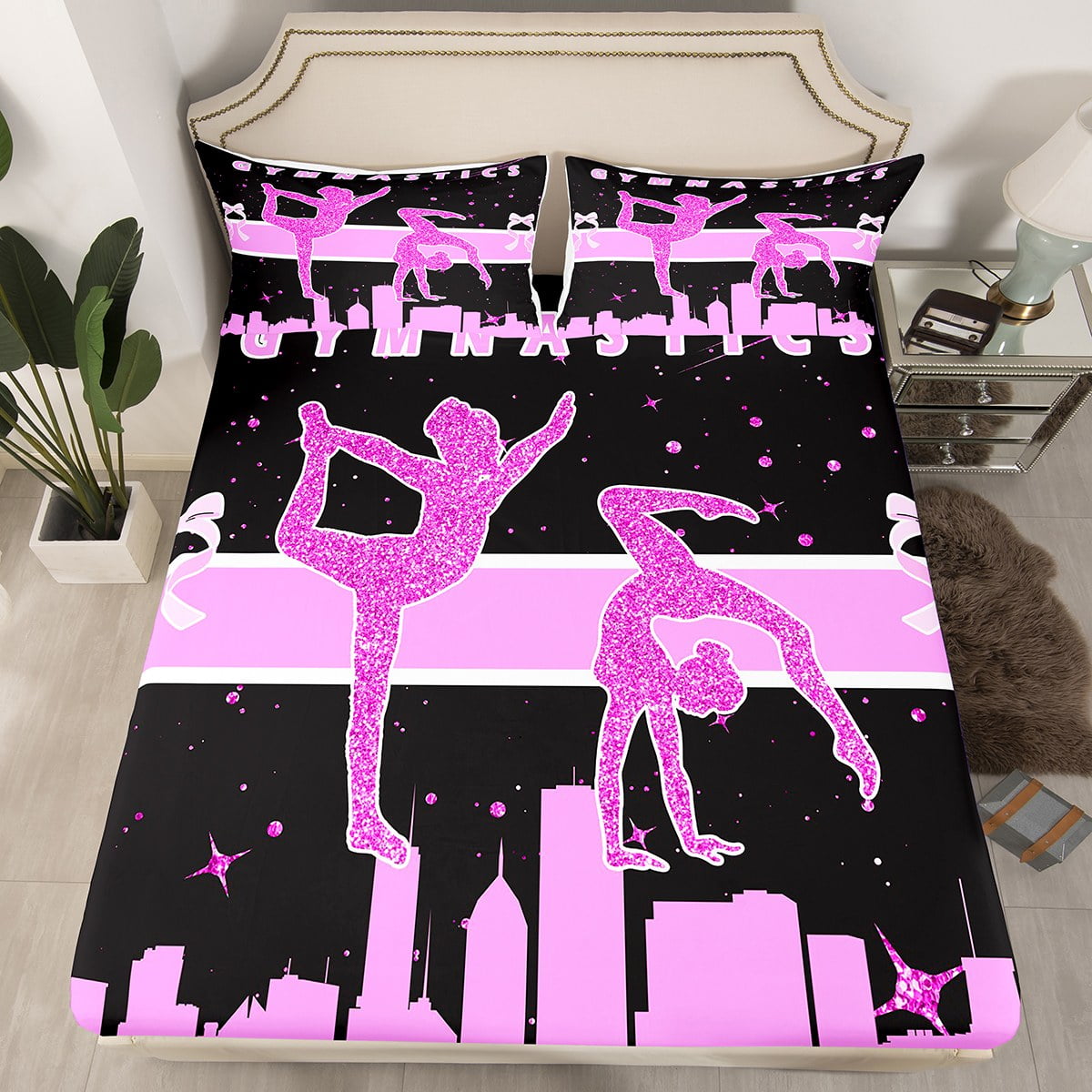 Erosebridal Pink Bed Sheets Girly Gymnastics Fitted Sheet Queen Size ...