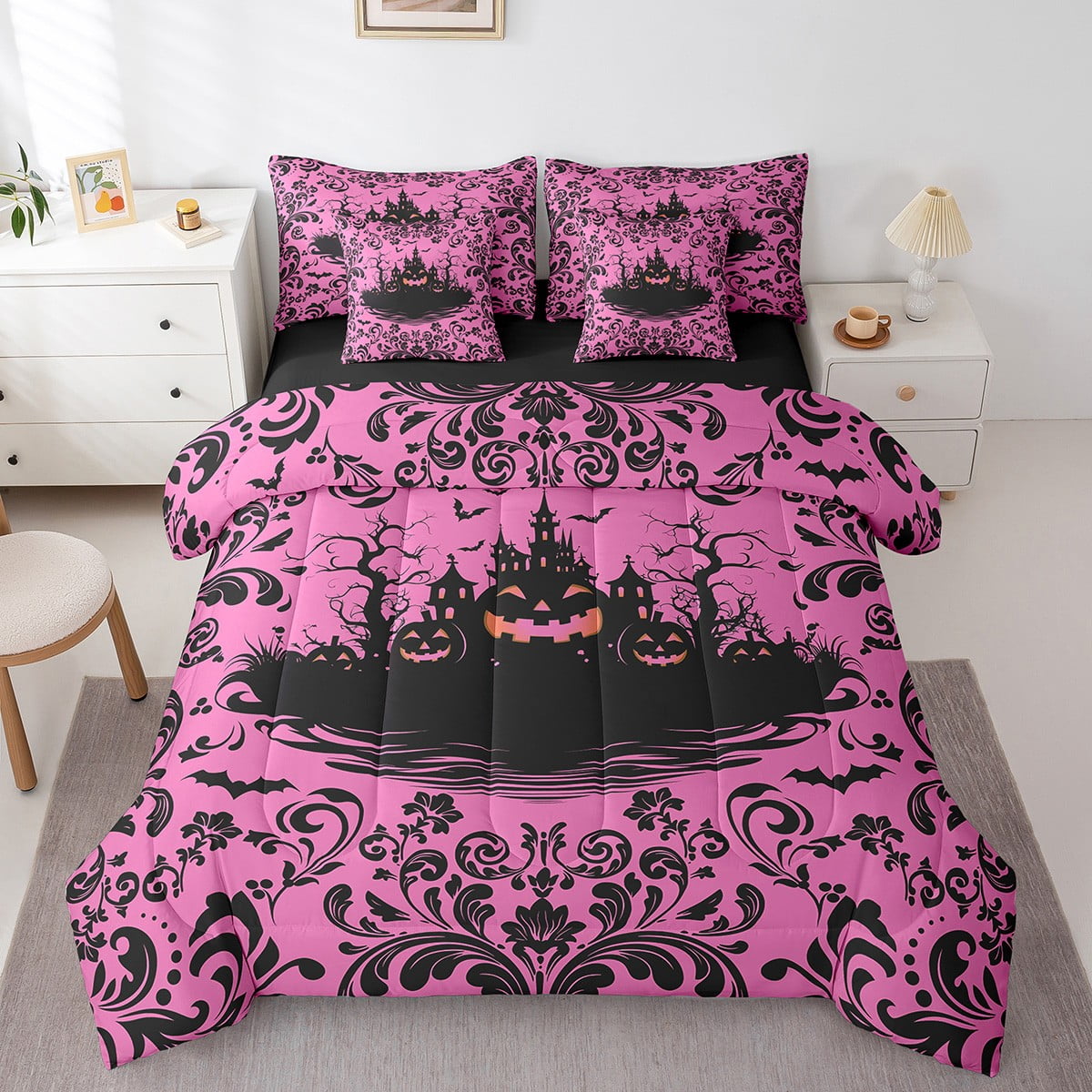 Pink Black Halloween Bed In A Bag 7 Piece King Damask Pumpkin Comforter ...