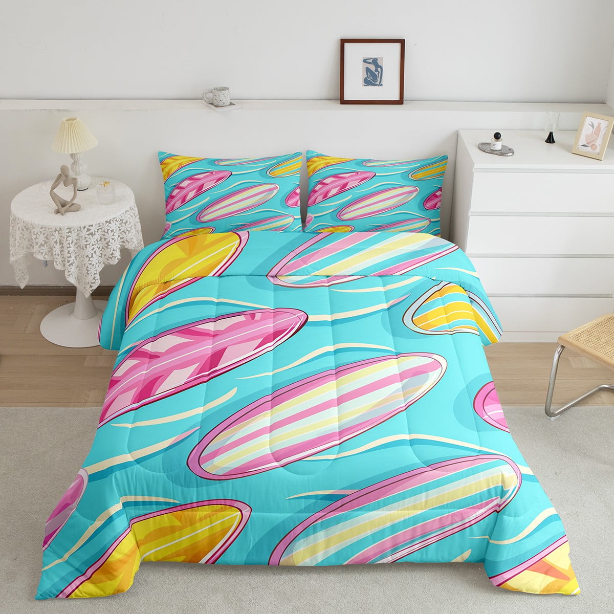 Pink Blue King Size Comforter Set Cute Surfboard Bedding Set Teens, Sea ...