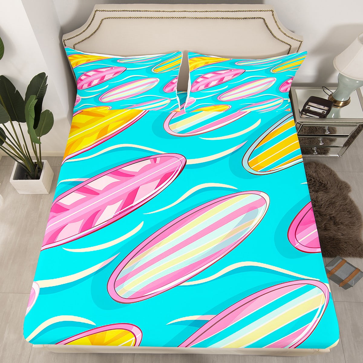 Pink Blue Twin Fitted Sheet Cute Surfboard Bedding Teens, Sea Ocean ...