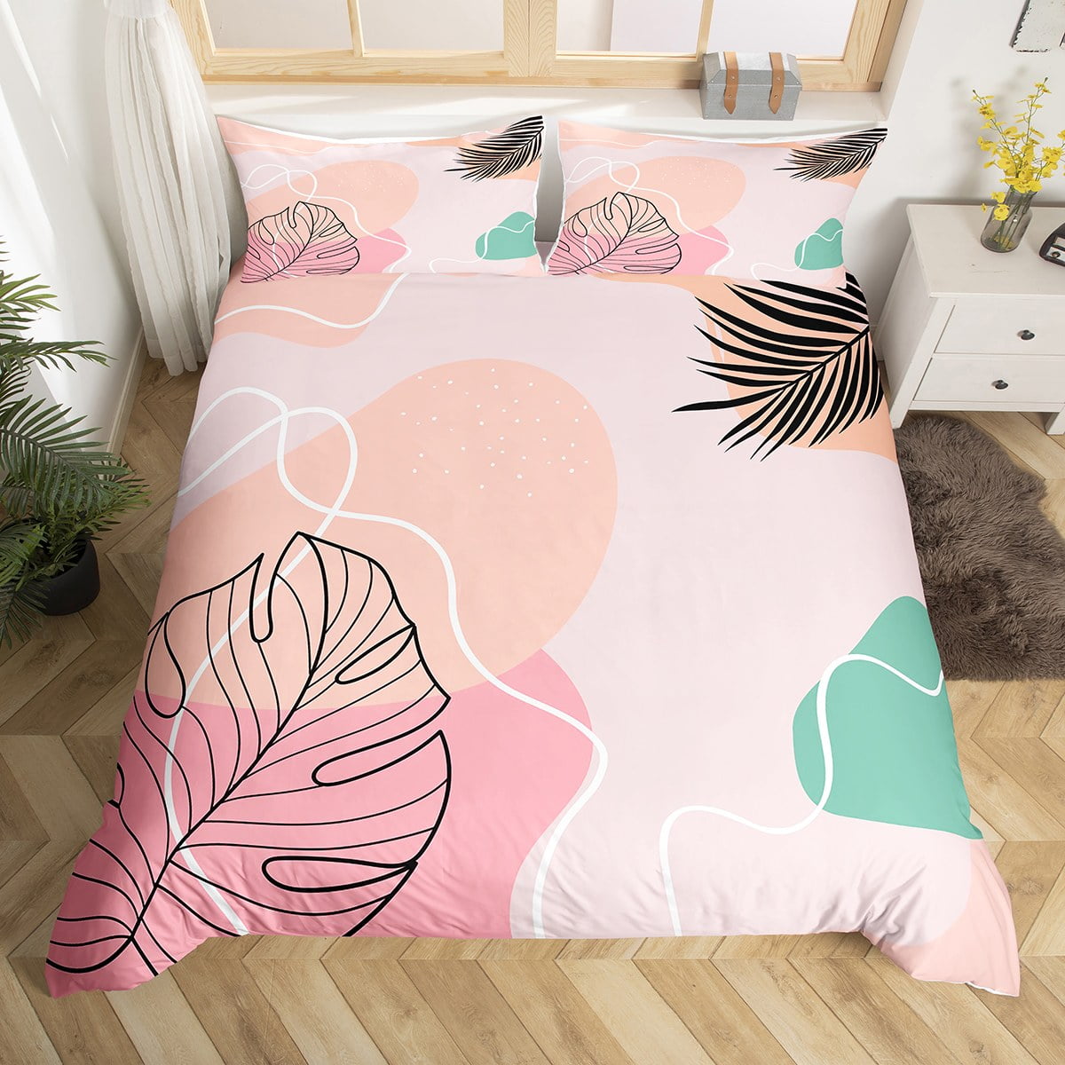 Pink Boho Botanical Bedding Set Queen,Abstract Tropical Palm Tree ...